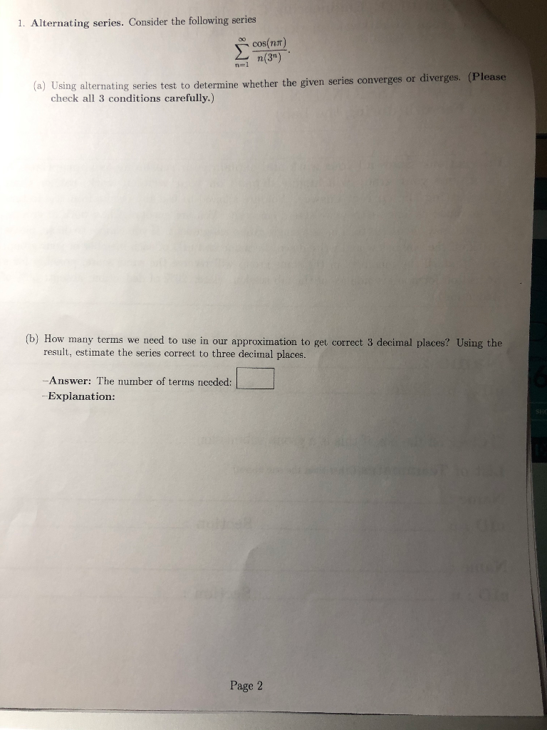 Solved 1. Alternating series. Consider the following series | Chegg.com