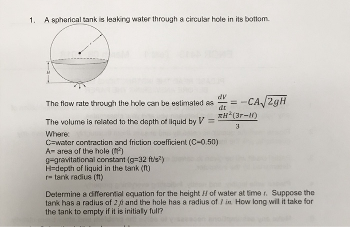 Solved 1. A spherical tank is leaking water through a | Chegg.com