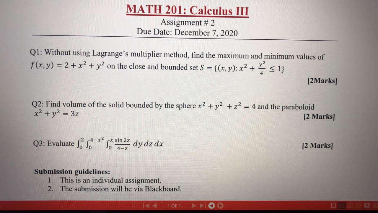 Solved MATH 201: Calculus III Assignment #2 Due Date: | Chegg.com