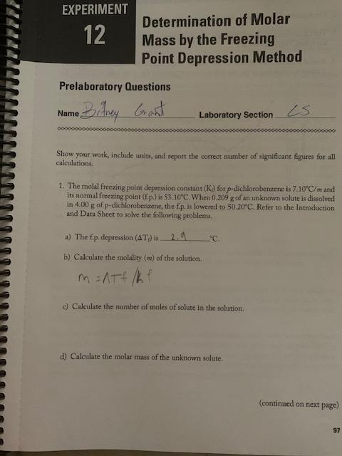 Solved 98 Experiment 12 Determination of Molar Mass by the | Chegg.com