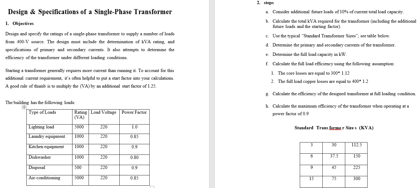 Design \& Specifications of a Single-Phase | Chegg.com