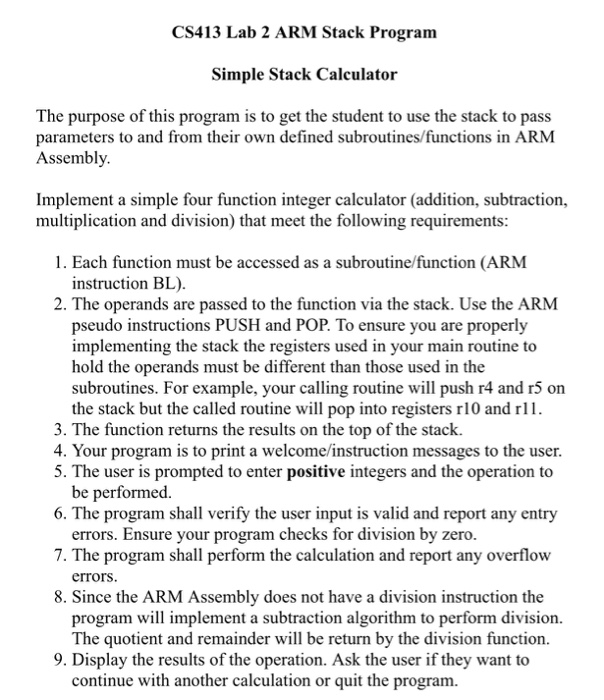 CS413 Lab 2 ARM Stack Program Simple Stack Calculator | Chegg.com