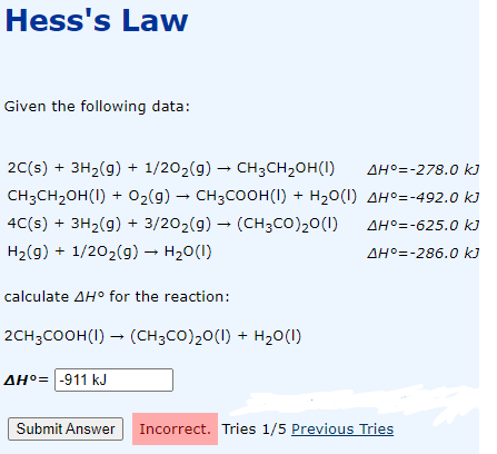 Solved Hess's Law Given the following data: 2C(s)+3H2( | Chegg.com