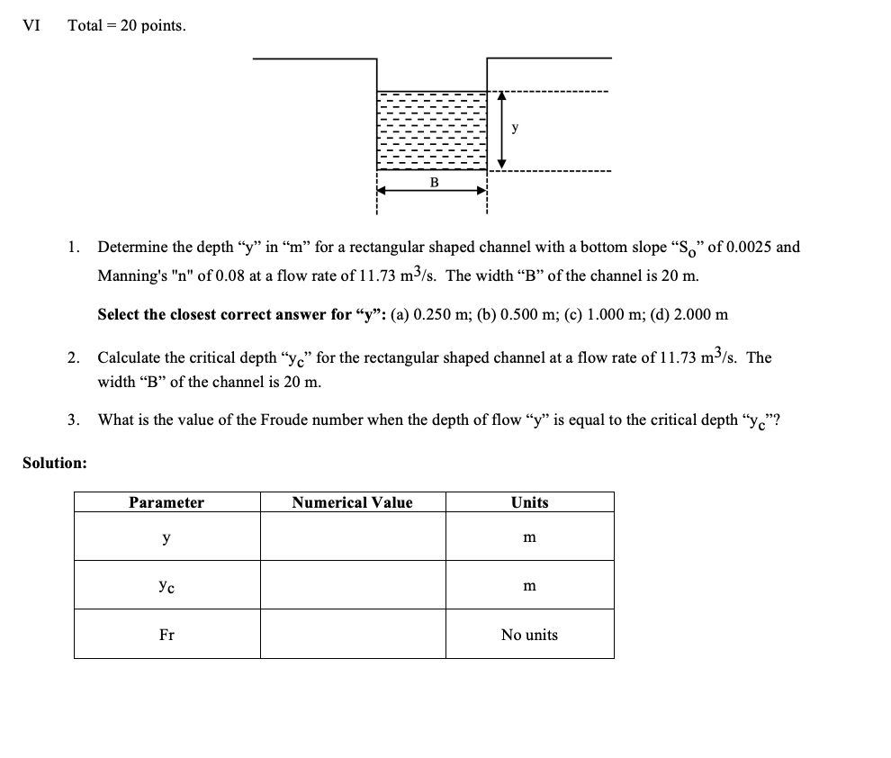 Solved VI Total = 20 points. 1. Determine the depth “y” in | Chegg.com