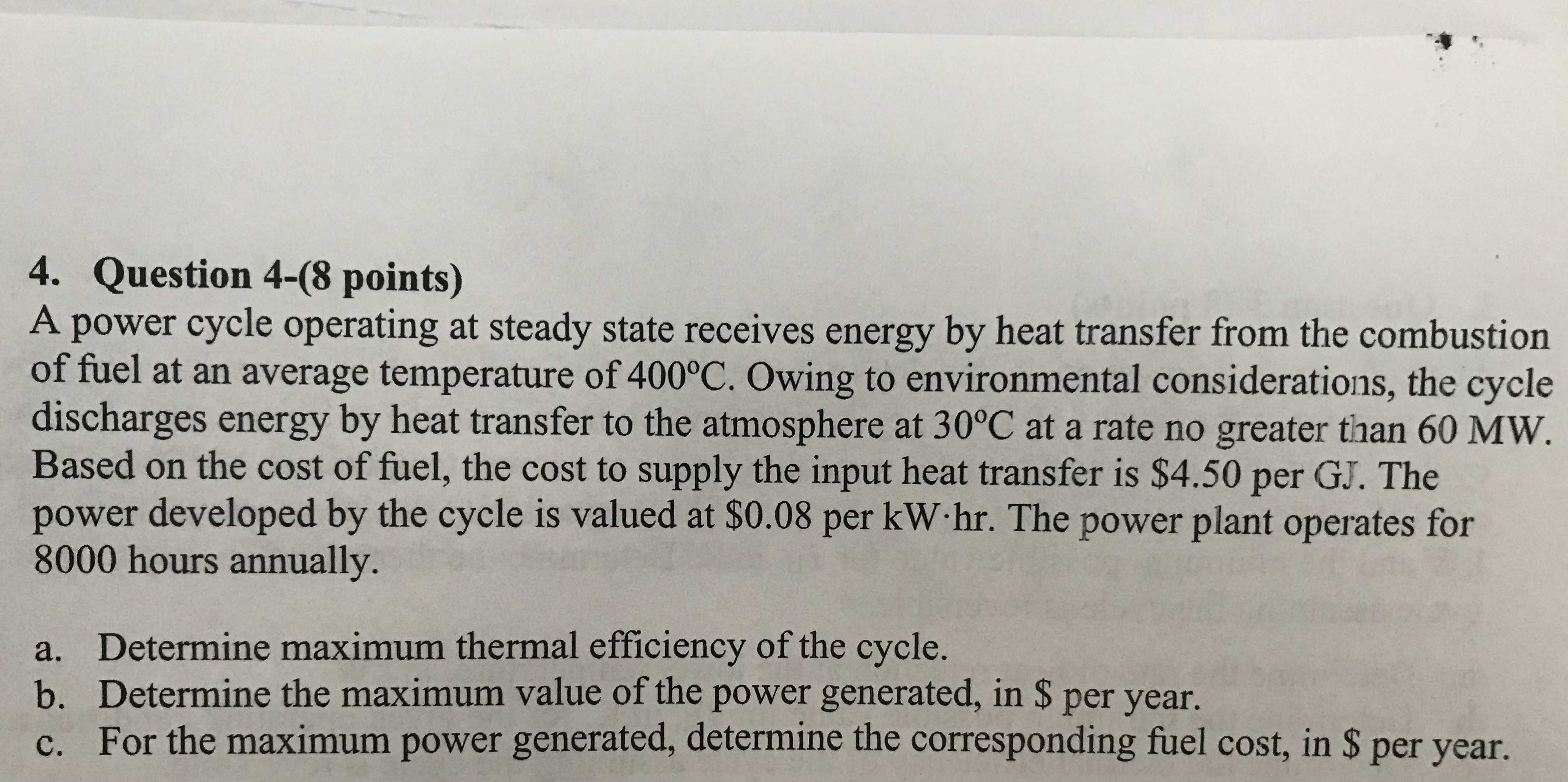 Solved 4. Question 4-(8 points) A power cycle operating at | Chegg.com