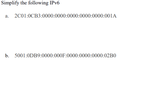 Solved Simplify the following IPv6 a. | Chegg.com