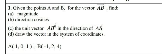 Solved 1. Given the points A and B, for the vector AB , | Chegg.com
