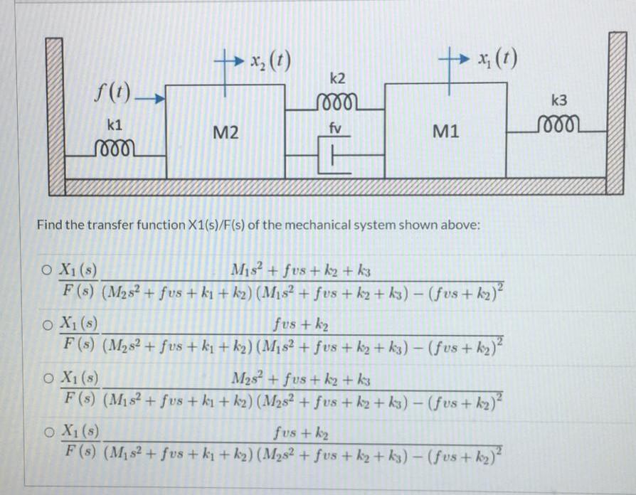 Solved xz(t) + x; () f(t)- k2 ത്ത k3 k1 fv M2 ത്ത M1 SOOL | Chegg.com