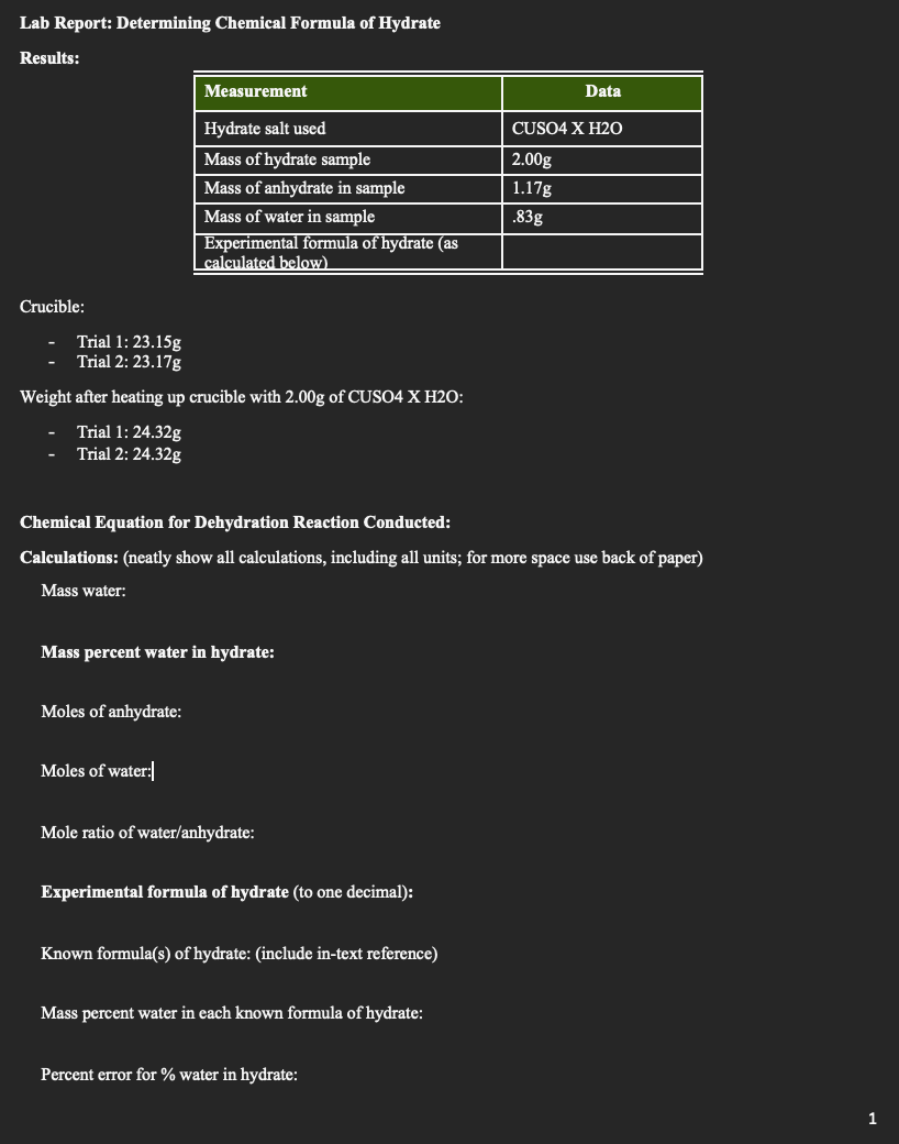Solved Lab Report: Determining Chemical Formula of Hydrate | Chegg.com