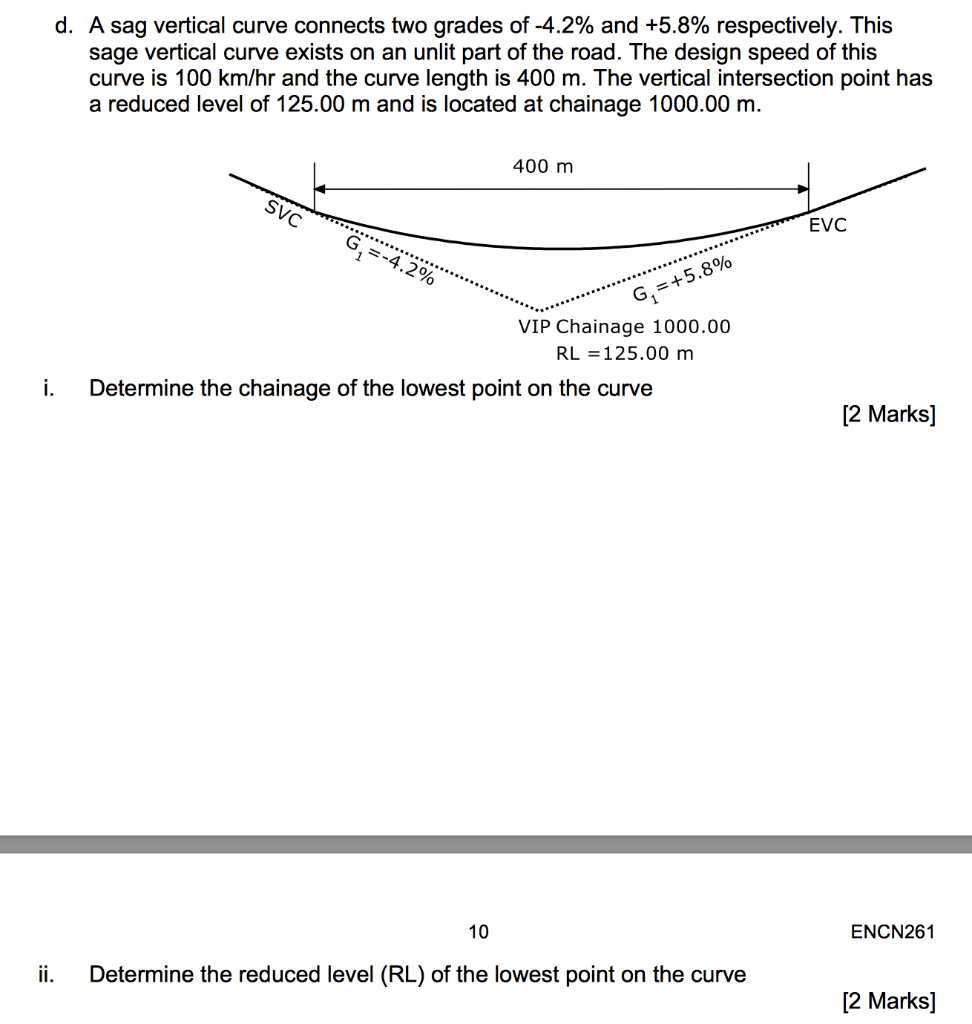 Solved d. A sag vertical curve connects two grades of -4.2% | Chegg.com