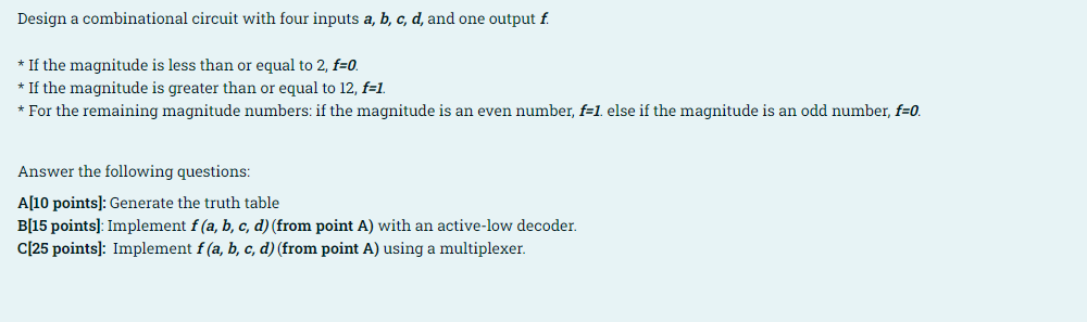 Solved Design a combinational circuit with four inputs a, b, | Chegg.com
