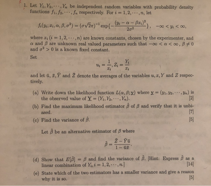 Solved 1. Let Y1, Y., Y, be independent random variables | Chegg.com
