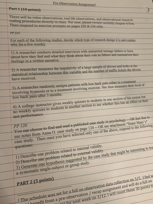 Solved Pre-Observation Assignment Part 1 (10 points) There | Chegg.com