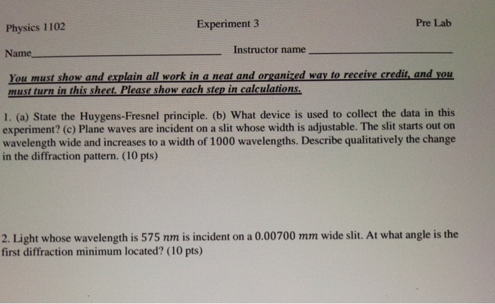 Solved Experiment 3 Pre Lab Physics 1102 Name Instructor | Chegg.com