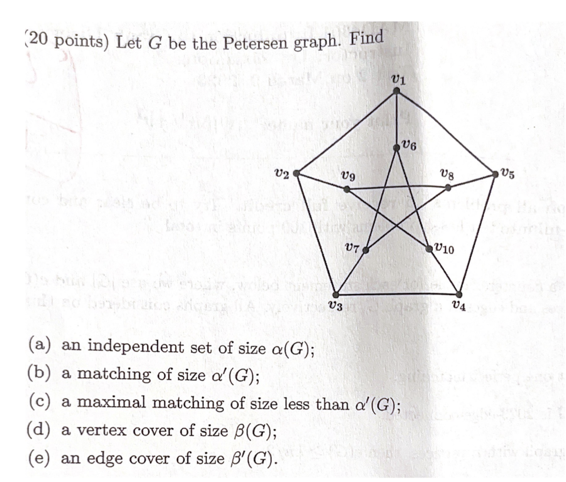 Solved (20 points) Let G be the Petersen graph. Find (a) an | Chegg.com