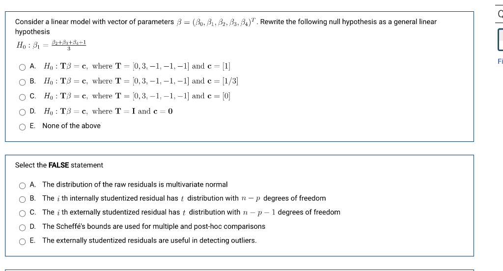 Solved Consider a linear model with vector of parameters | Chegg.com