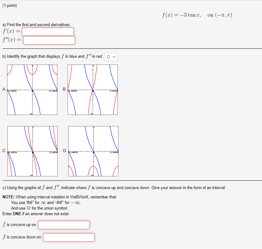 Solved (1 ﻿point)f(x)=-3tanx, on (-π,π)a) ﻿Find the first | Chegg.com