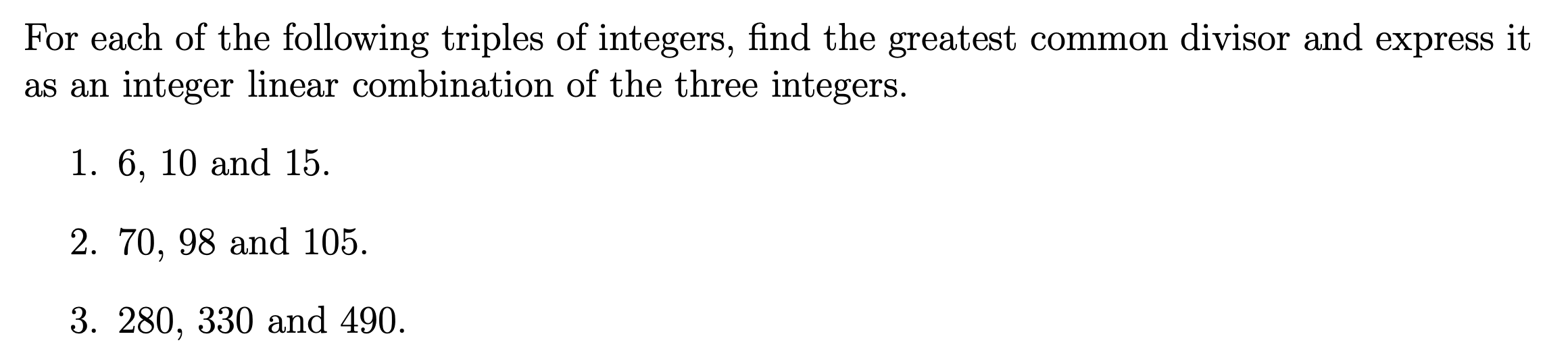 Solved it For each of the following triples of integers, | Chegg.com