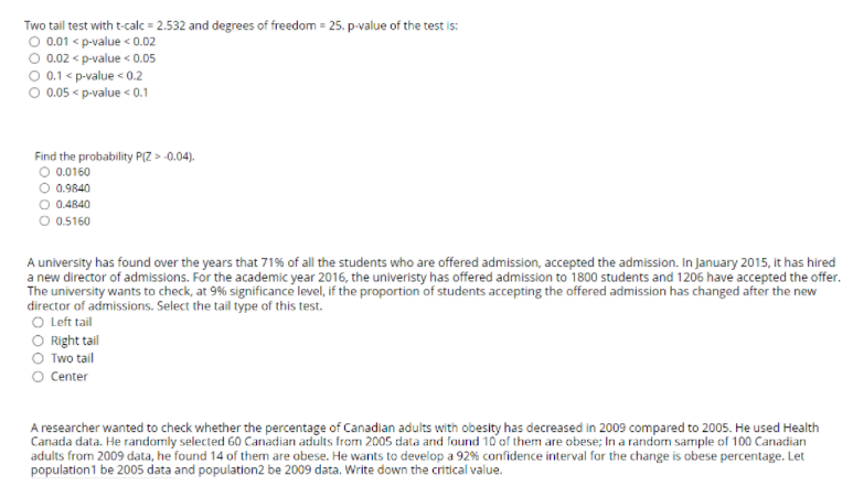 Solved Two tail test with t-calc = 2.532 and degrees of | Chegg.com