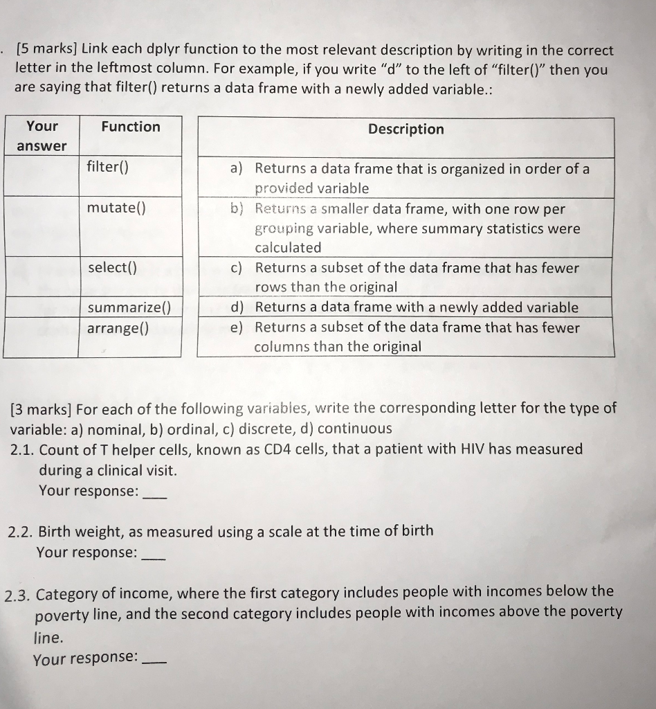 Solved . [5 marks] Link each dplyr function to the most | Chegg.com