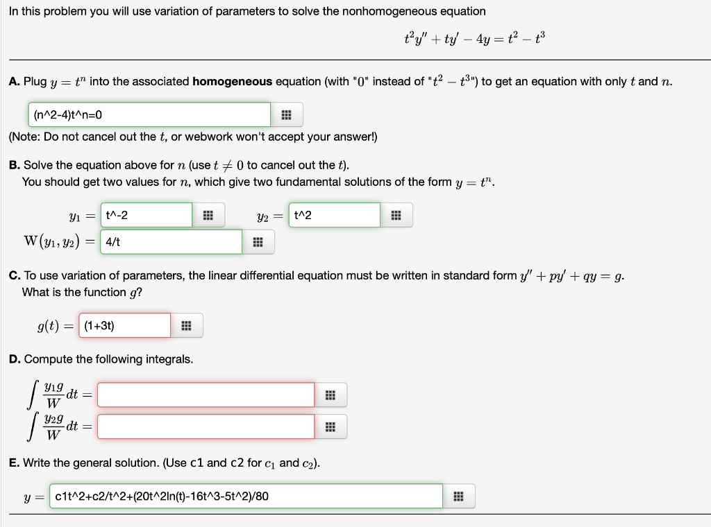 Solved t2y′′+ty′−4y=t2−t3 A. Plug y=tn into the associated | Chegg.com