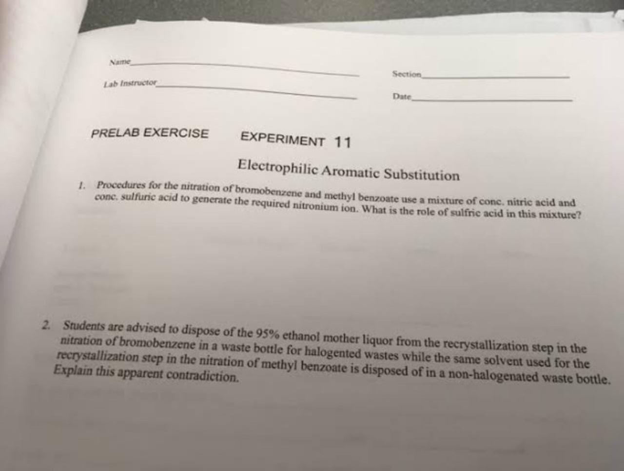 Solved Name Section Lab Instructor Date PRELAB EXERCISE | Chegg.com