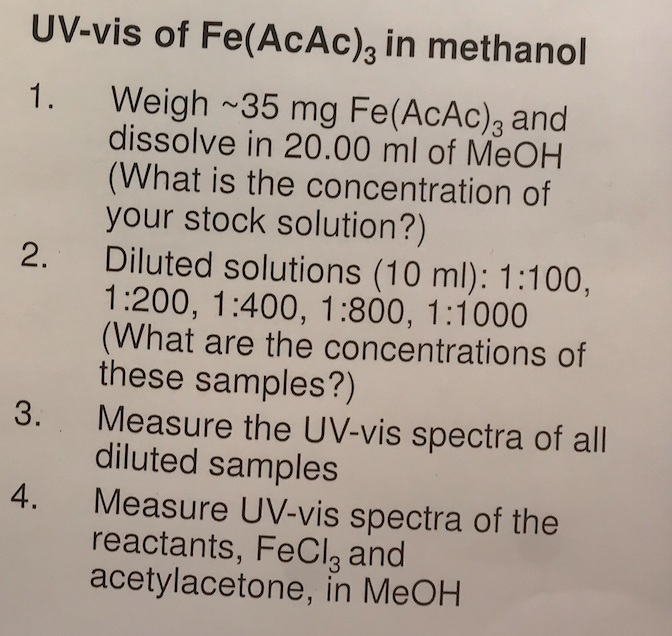 Solved UV-vis of Fe(AcAc)3 in methanol 1. Weigh | Chegg.com