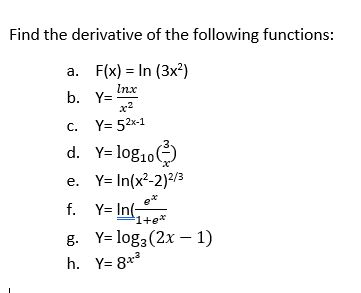 Solved Find the derivative of the following functions: Inx | Chegg.com