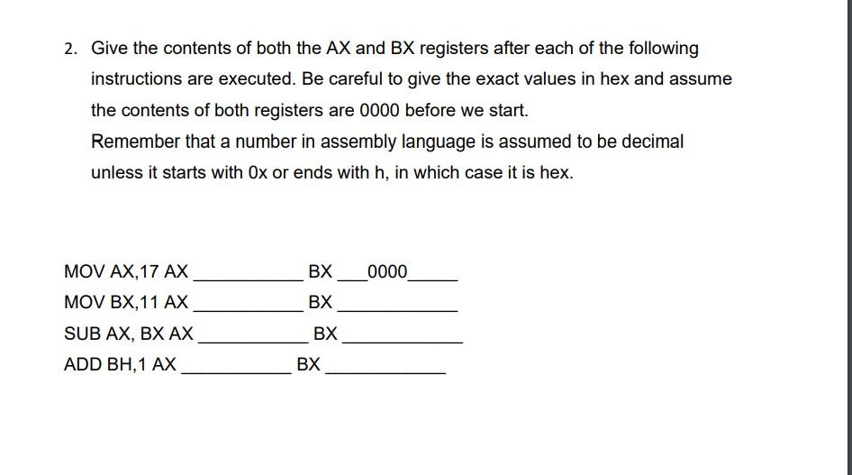 Solved 2. Give the contents of both the AX and BX registers | Chegg.com