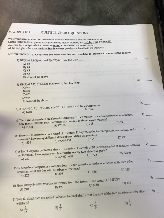 Solved MAT 305 TEST MULTIPLE-CHOICE QUESTIONS Write your | Chegg.com