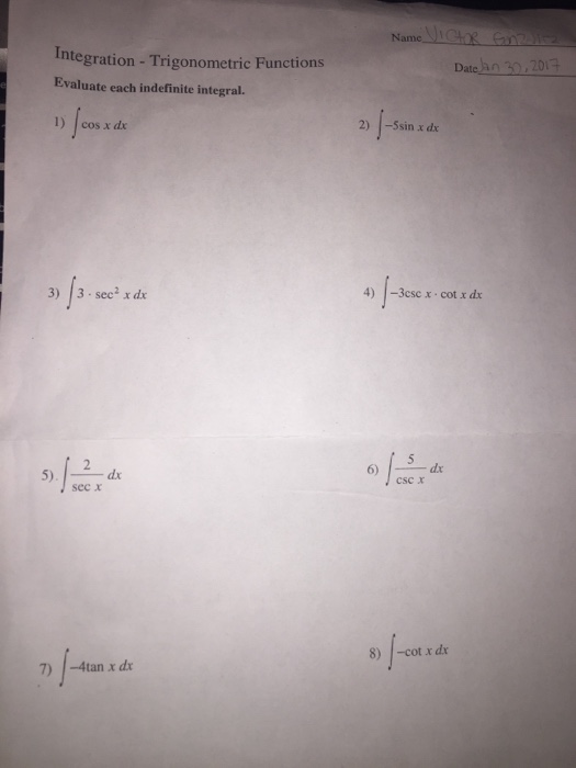 Solved Integration - Trigonometric Functions Evaluate each | Chegg.com