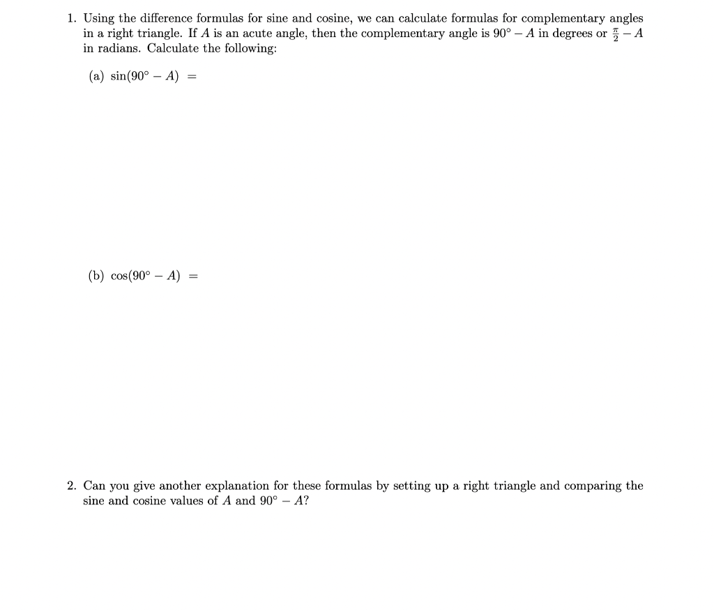 Solved 1. Using the difference formulas for sine and cosine, | Chegg.com