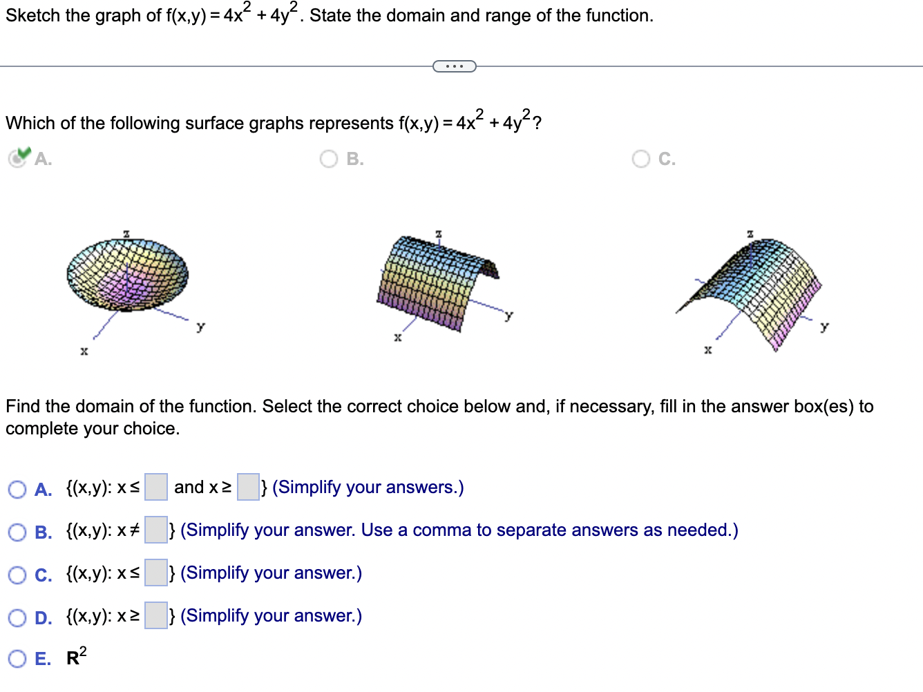 Solved Sketch the graph of f(x,y)=4x2+4y2. State the domain | Chegg.com