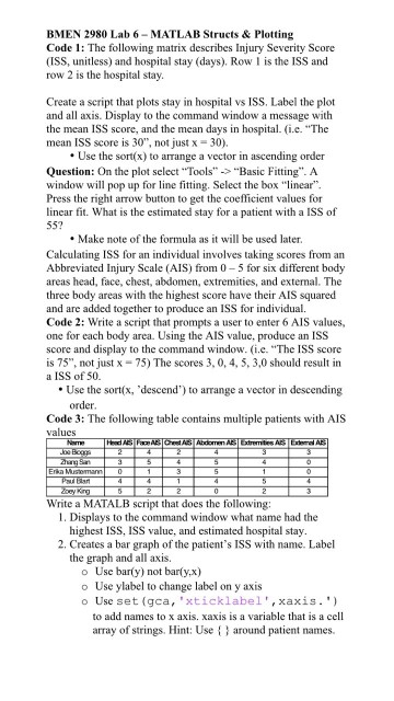 BMEN 2980 Lab 6-MATLAB Structs& Plotting Code 1: The | Chegg.com