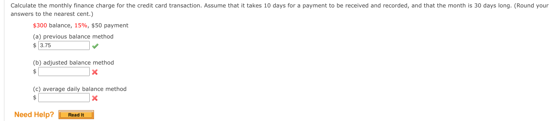 Solved answers to the nearest cent.) $300 balance, 15%, $50 | Chegg.com