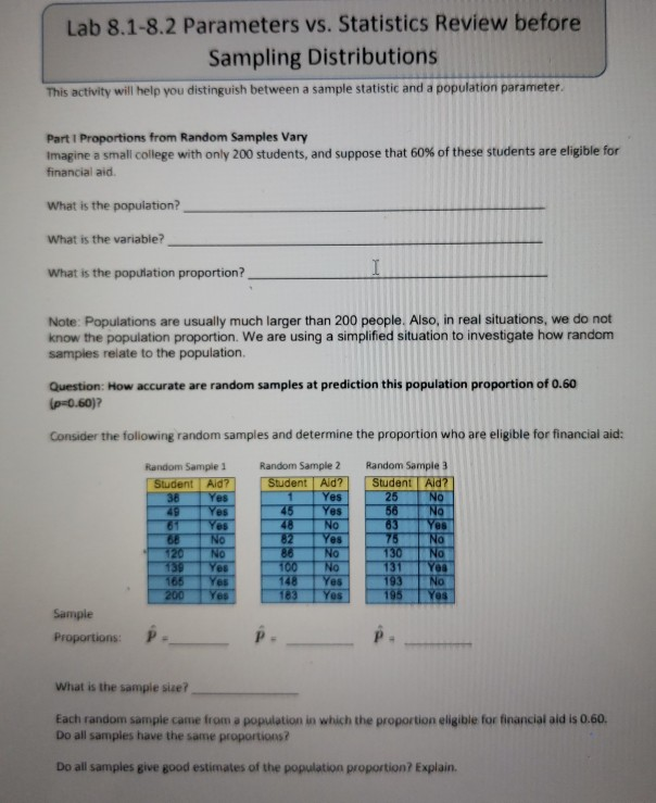Solved Lab 8.1-8.2 Parameters vs. Statistics Review before | Chegg.com