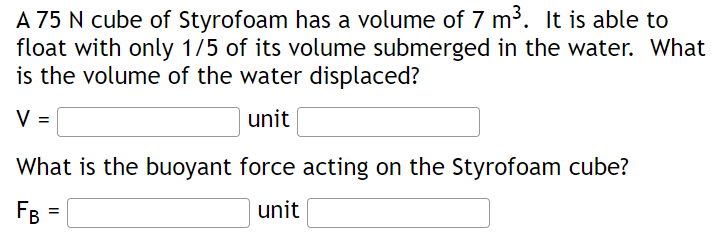 Solved A 75 N cube of Styrofoam has a volume of 7 m3. It is | Chegg.com