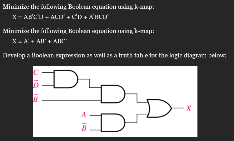 Solved Minimize the following Boolean equation using k-map: | Chegg.com