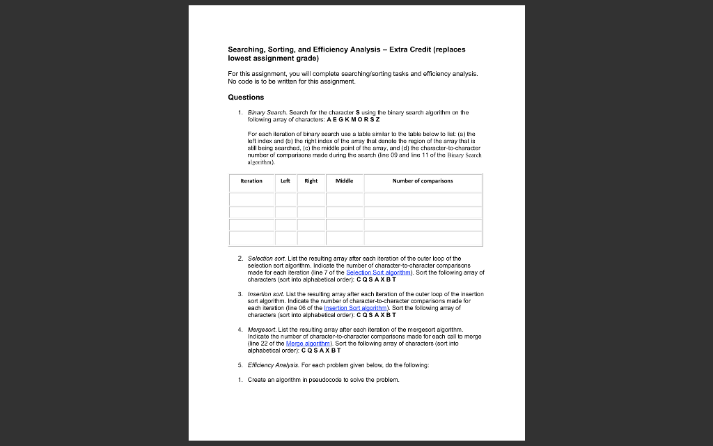 Solved Searching, Sorting, and Efficiency Analysis - Extra | Chegg.com
