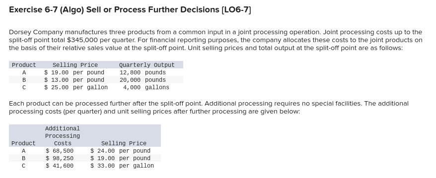 Solved Exercise 6-7 (Algo) Sell or Process Further Decisions | Chegg.com