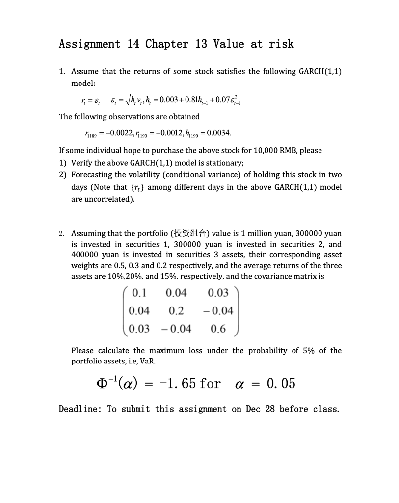 Assignment 14 Chapter 13 Value at risk 1. Assume that | Chegg.com