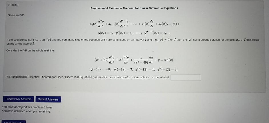 Solved (1 point) Fundamental Existence Theorem for Linear | Chegg.com