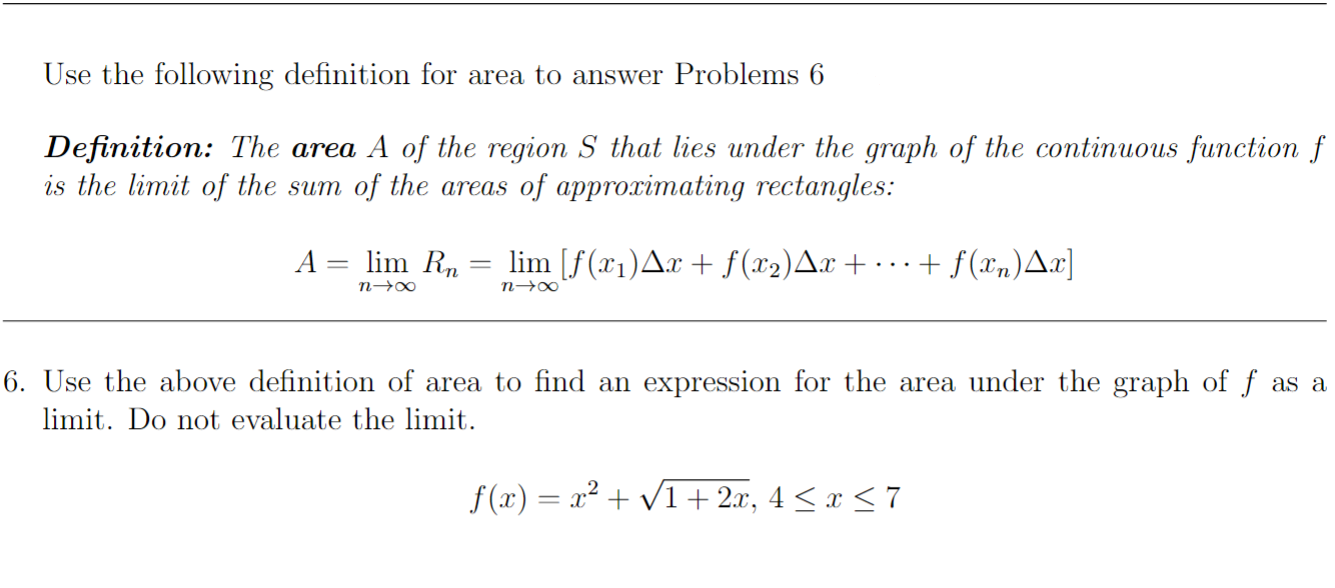 Solved Use the following definition for area to answer | Chegg.com