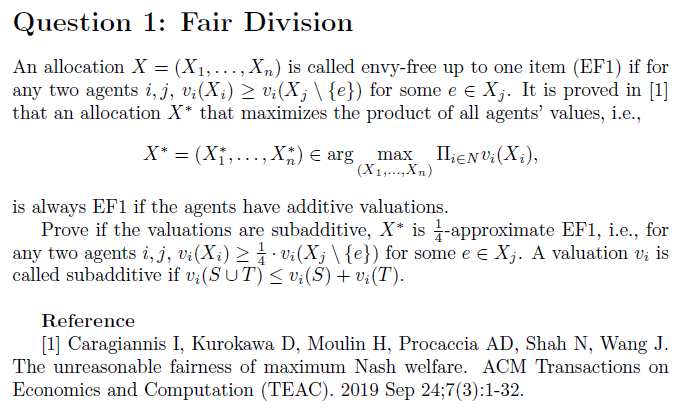 Question 1: Fair Division = = An allocation X = (X1, | Chegg.com