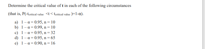 Solved Determine the critical value of \\( \\mathbf{t} \\) | Chegg.com