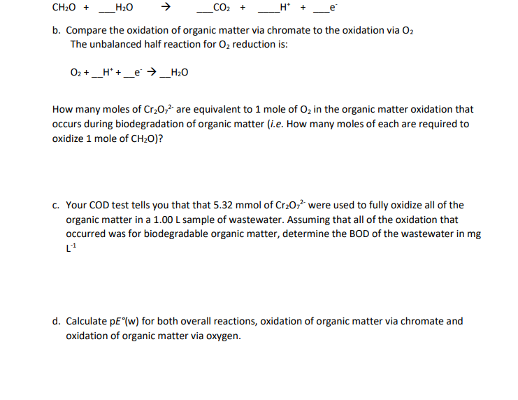 Solved CH2O + H20 CO2 + _H*+ b. Compare the oxidation of | Chegg.com