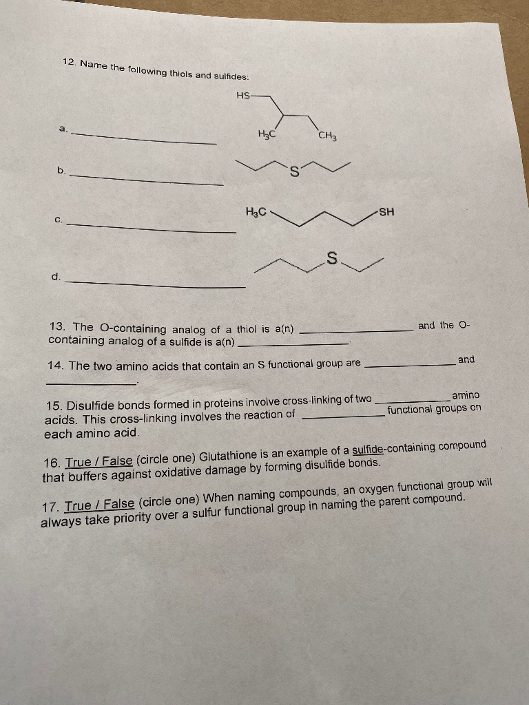 Solved 12. Name the following thiols and sulfides: HS H3C | Chegg.com