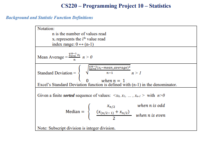 Solved CS220 - Programming Project 10 - Statistics Project | Chegg.com