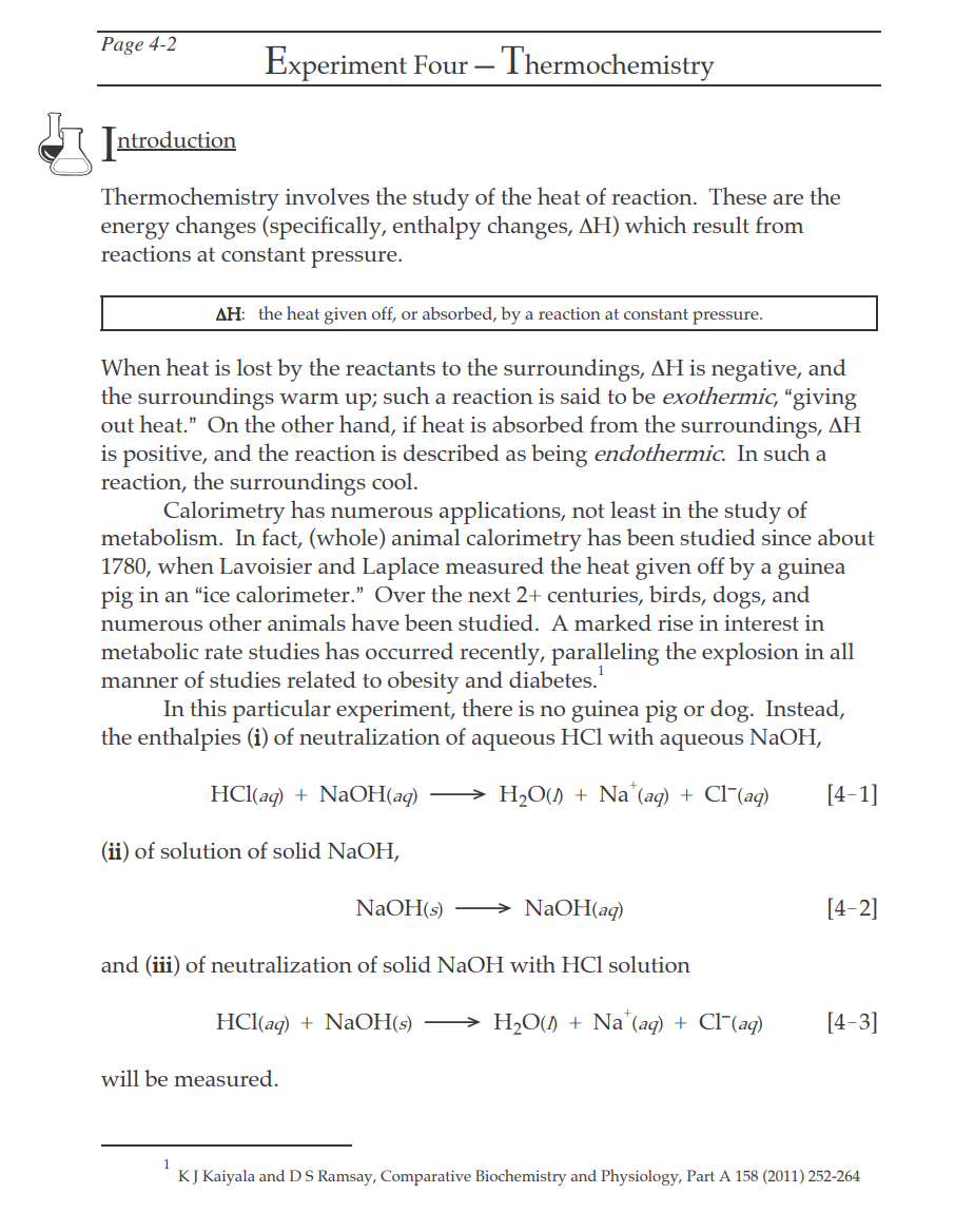 Page 4-1 Experiment Four – Thermochemistry Objectives | Chegg.com