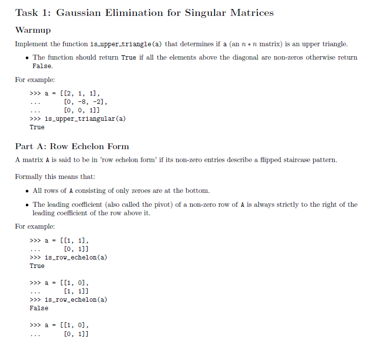 Task 1: Gaussian Elimination for Singular Matrices | Chegg.com